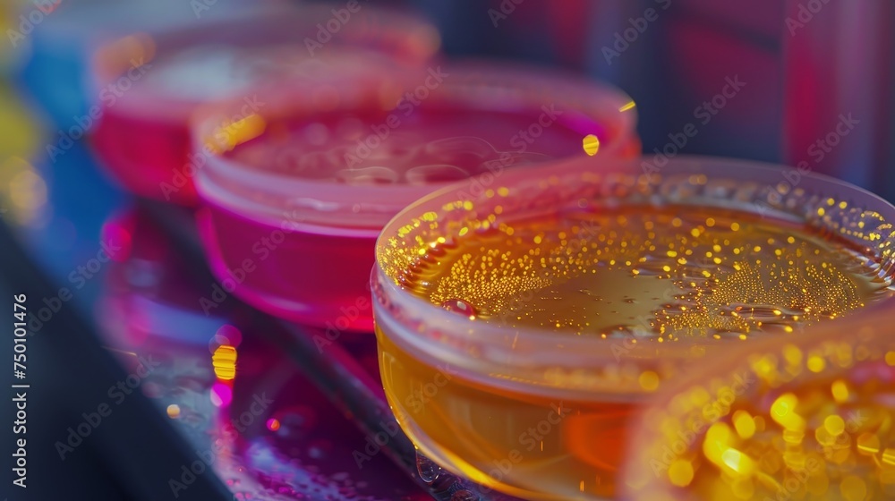 Vibrant agar plates in a lab display the growth of bacterial colonies ...