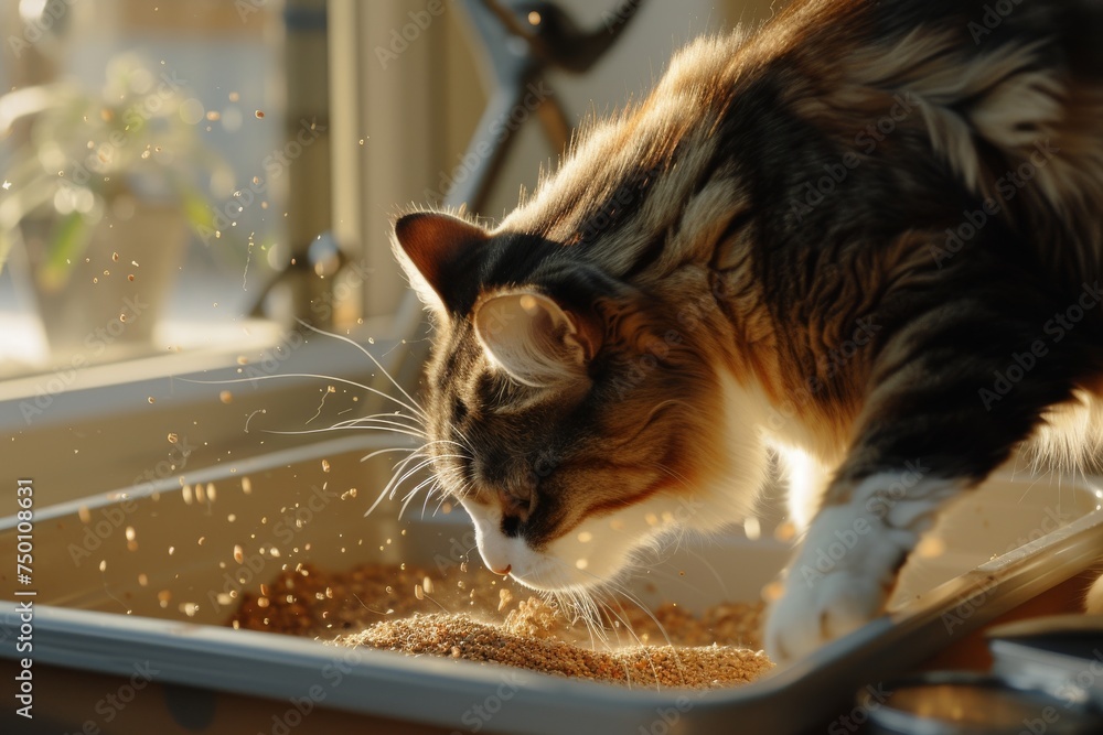 Energetic Cat Making a Mess While Digging in Litter Tray, Scatter of ...