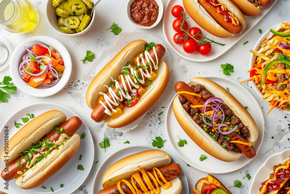 Assortment of hot dogs with various toppings, top view, National Hot ...