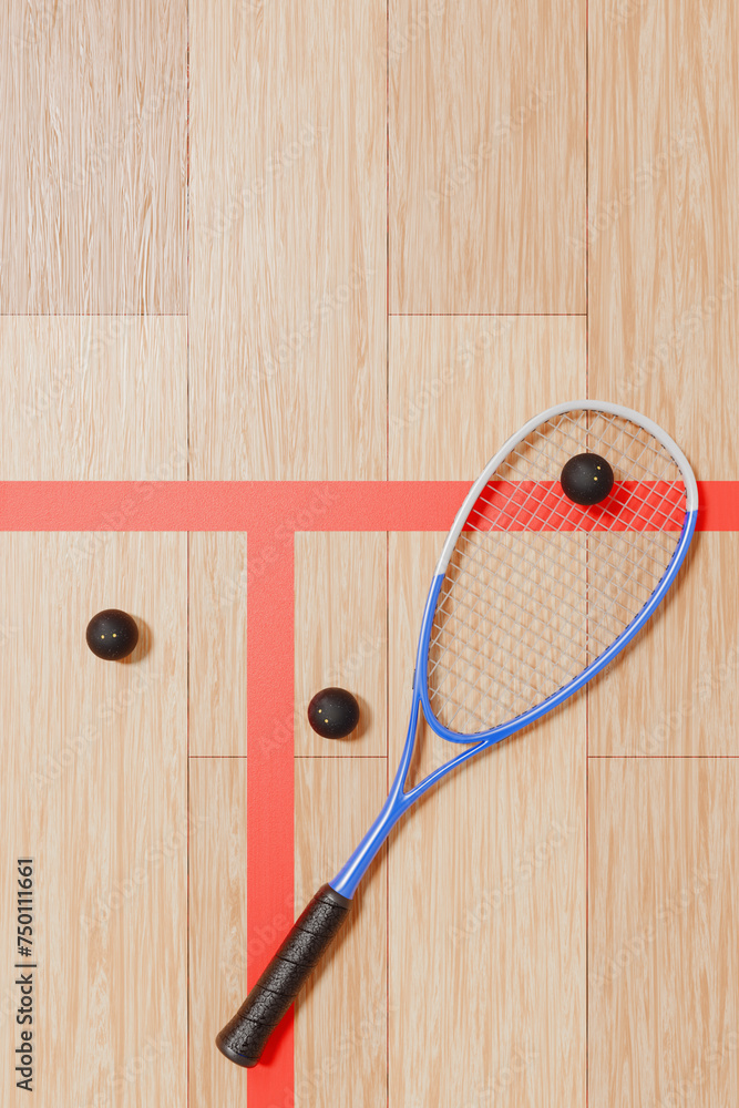 Racket and squash balls on the court floor. Top view 3d rendering Stock ...