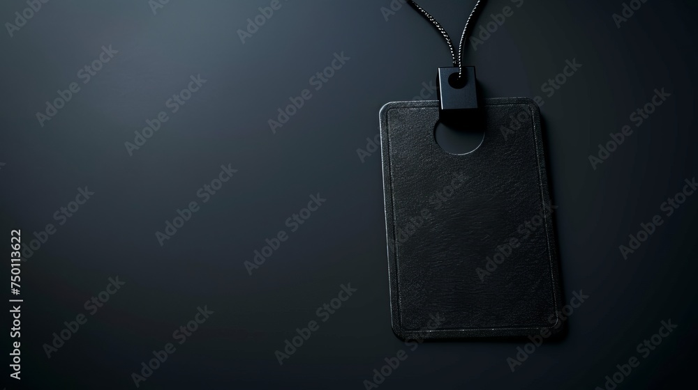 A plain empty name tag mockup suspended on a string around the neck ...