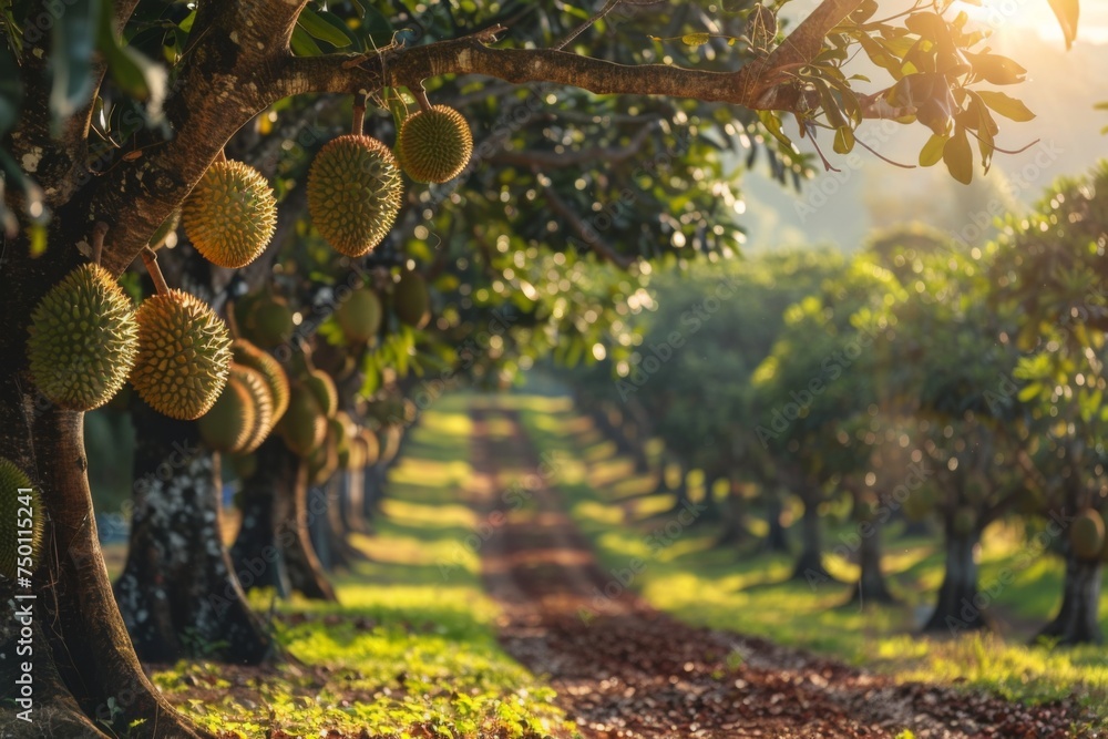 Durian fruit hanging from trees in orchard. A cluster of spiky durian ...