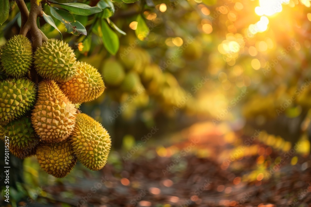 Durian fruit hanging from trees in orchard. A cluster of spiky durian ...