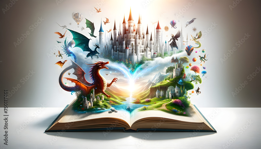 An open book with a fantasy world popping out, featuring castles ...
