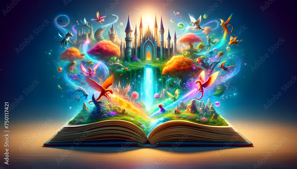 An open book with a fantasy world popping out, featuring castles ...