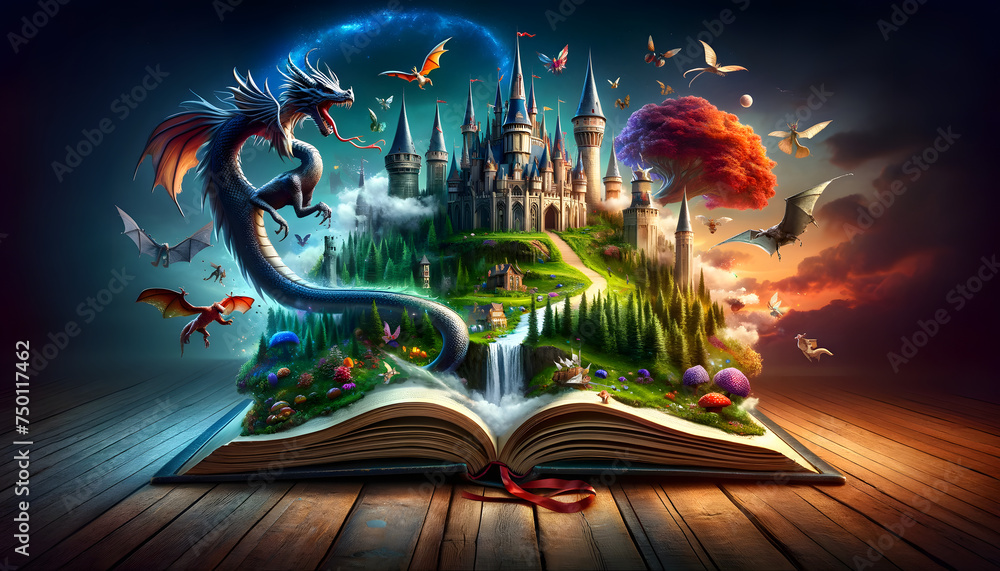 An open book with a fantasy world popping out, featuring castles ...