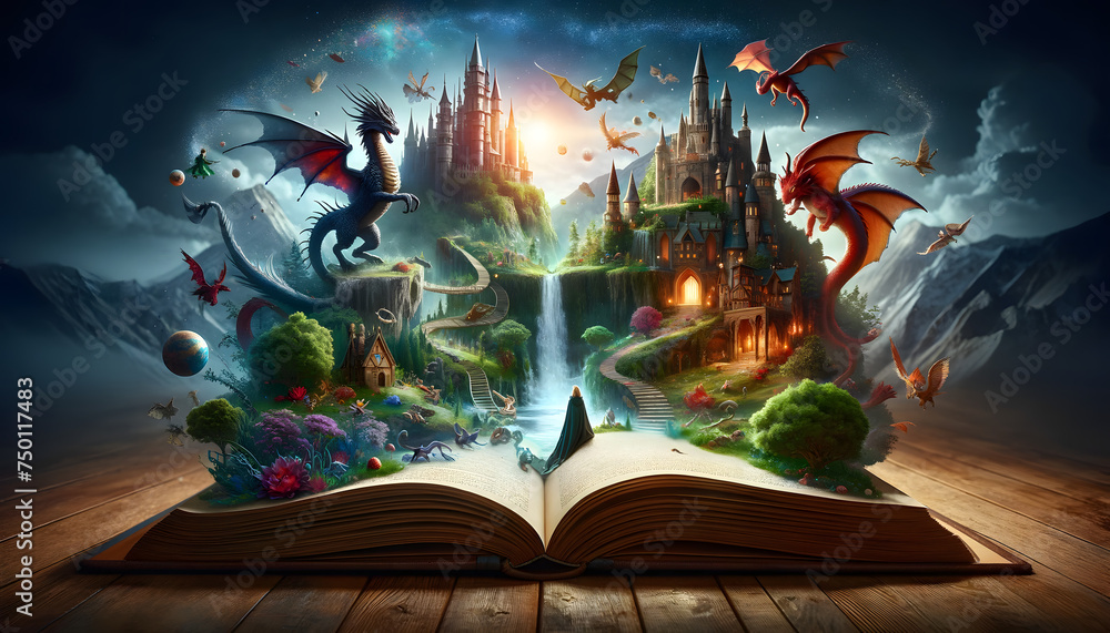 An open book with a fantasy world popping out, featuring castles ...