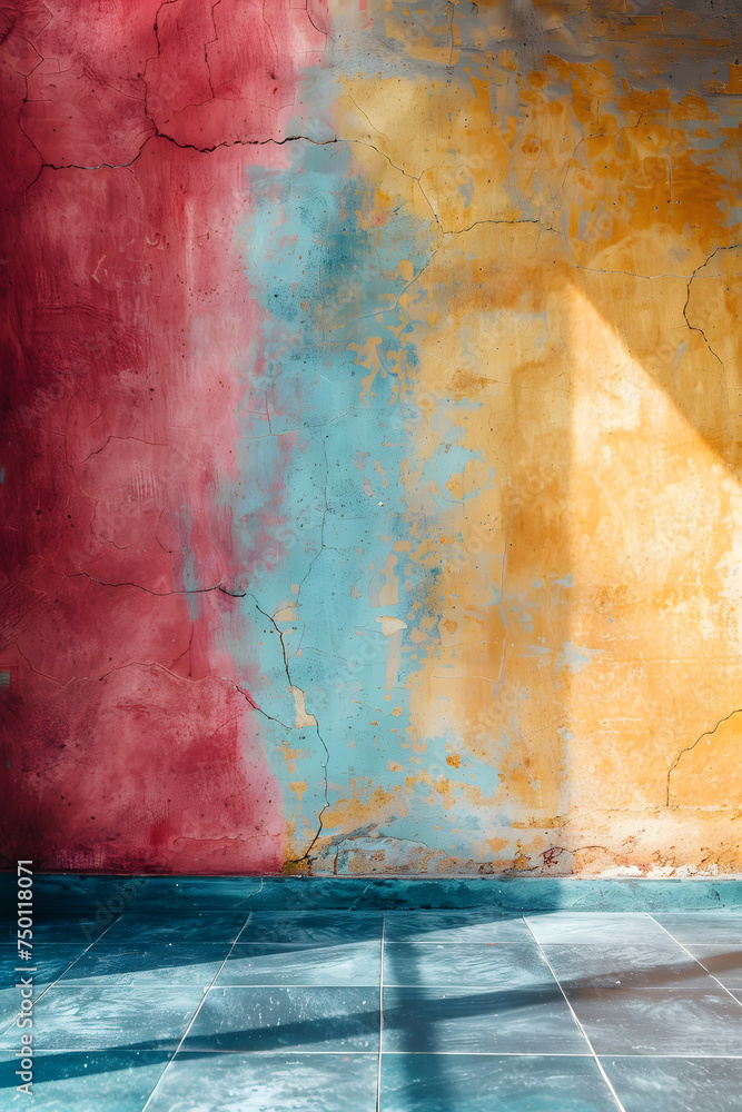 An artfilled room with an azure wall and an orange tiled floor ...