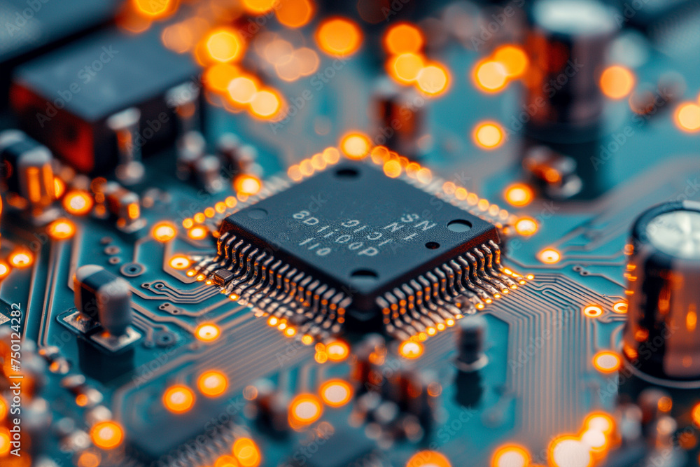 Printed circuit board with microcontroller in electronics laboratory ...
