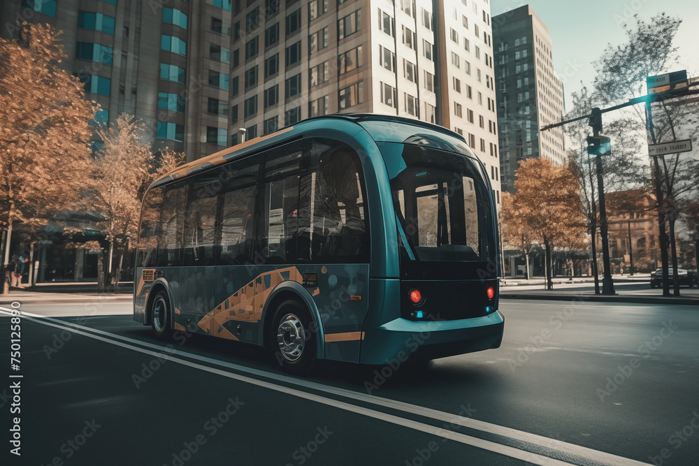 Self driving bus. Autonomous bus driving in city. Future Electric ...