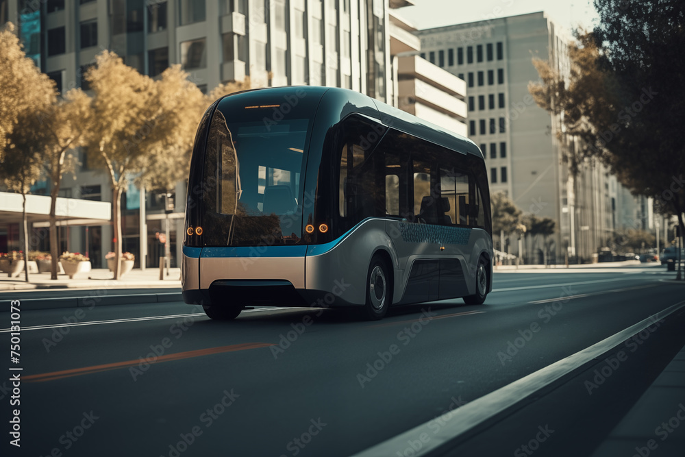 Self driving bus. Autonomous bus driving in city. Future Electric ...