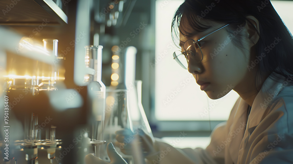 Jovem cientista em laboratório moderno trabalhando com tubos de ensaio ...