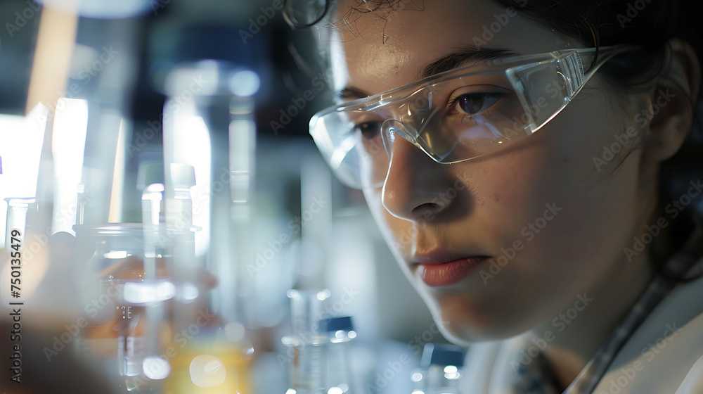 Jovem cientista em laboratório moderno trabalhando com tubos de ensaio ...