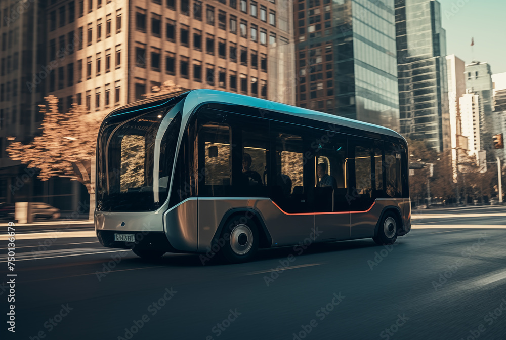 Self driving bus. Autonomous bus driving in city. Future Electric ...