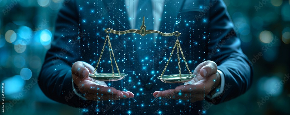 Businessman holding a balance scale with ethics and values icons ...