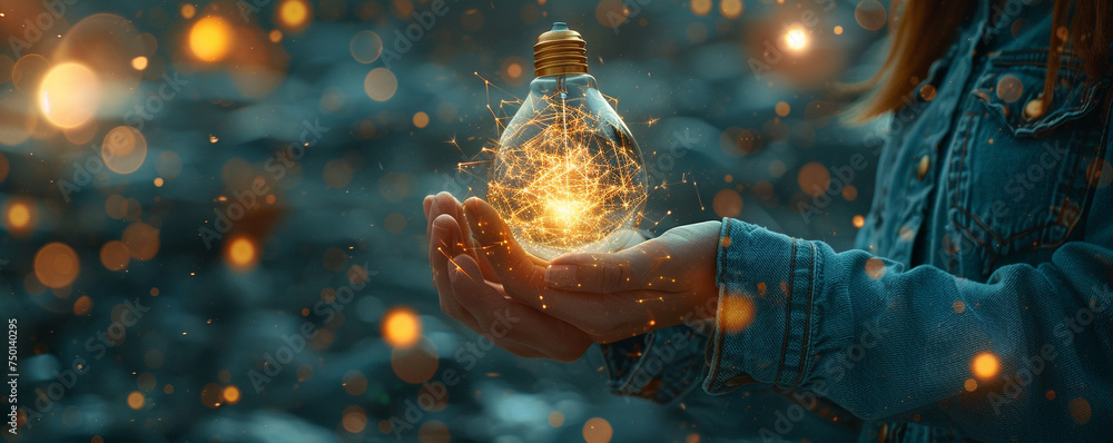 Businesswoman hand-holding innovation and creativity icons with a spark ...