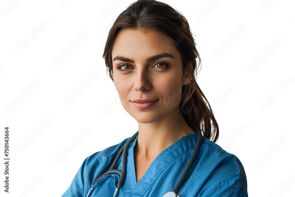 A caring portrait photo of a female nurse on a transparent background ...