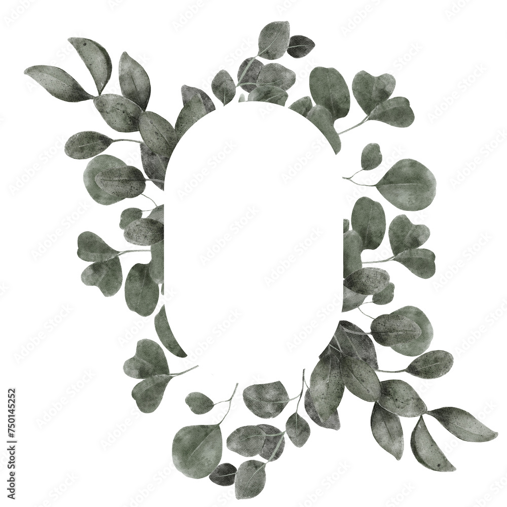 frame with watercolor hand draw green sage, leaves, branches, isolated ...
