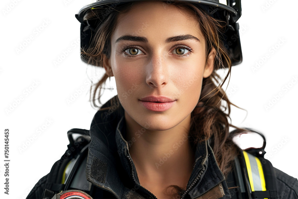 A determined portrait photo of a female firefighter on a transparent ...