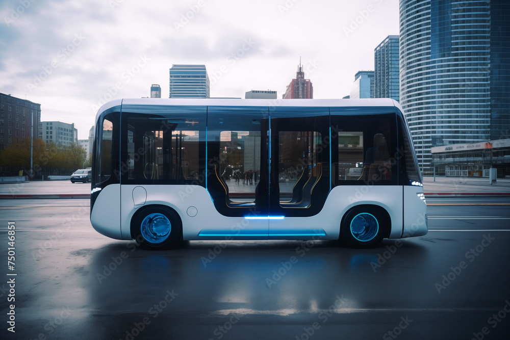 Self driving bus. Autonomous bus driving in city. Future Electric ...