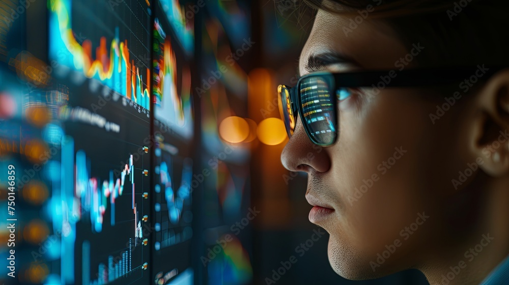 A programmer at work in front of a burning monitor. A male trader at work on a computer ...