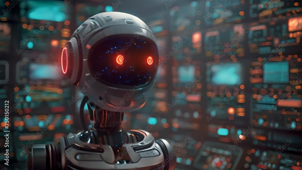 animated chatbot surrounded by floating communication platforms with a ...