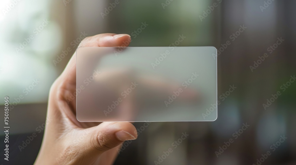 A mockup featuring a hand holding a blank translucent card with rounded ...