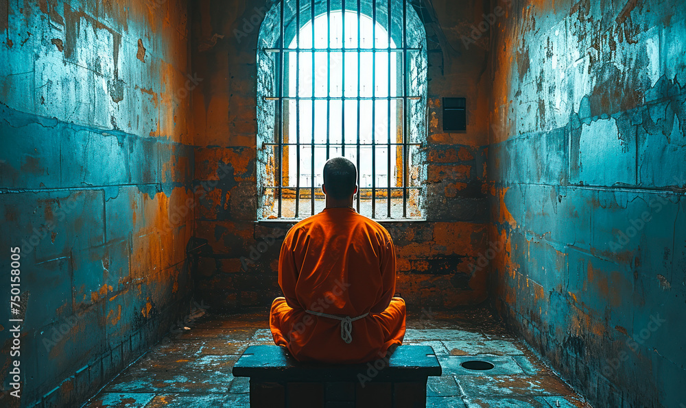 Incarcerated person in orange jumpsuit sitting alone in a bleak prison ...