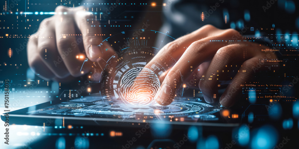 Cybersecurity concept with person using a tablet to navigate a complex interface with digital ...