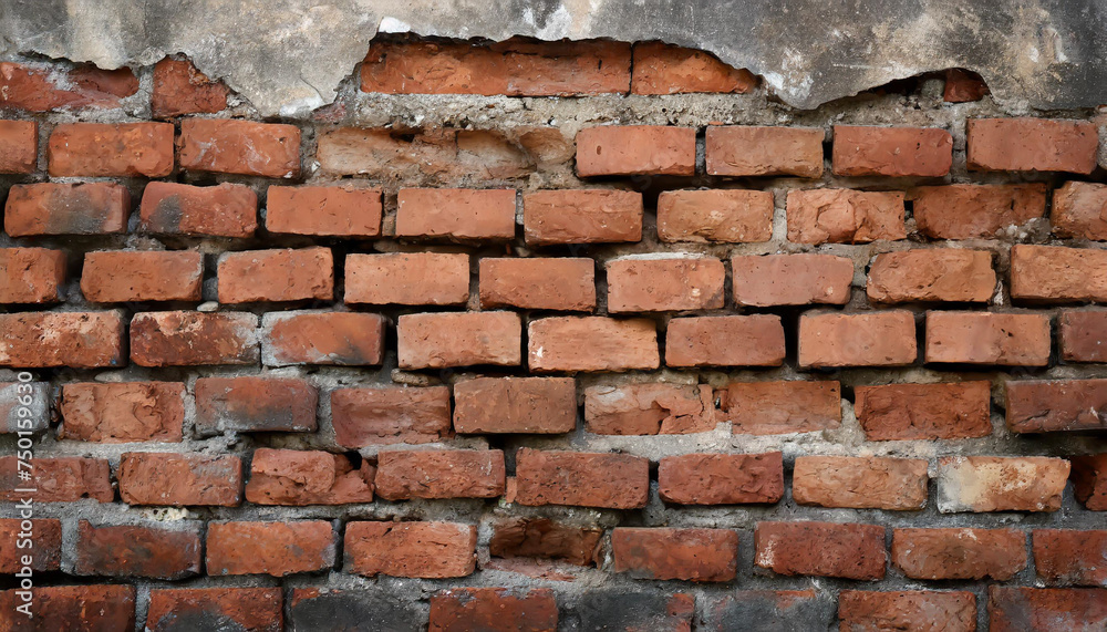 Fragment of old brickwork, close-up. Red brick wall. Potholes and ...