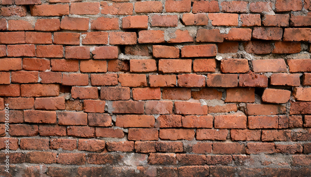 Fragment of old brickwork, close-up. Red brick wall. Potholes and ...