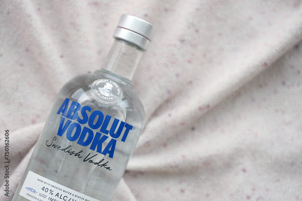 KYIV, UKRAINE - NOVEMBER 27, 2023 Absolut Vodka bottle produced near ...