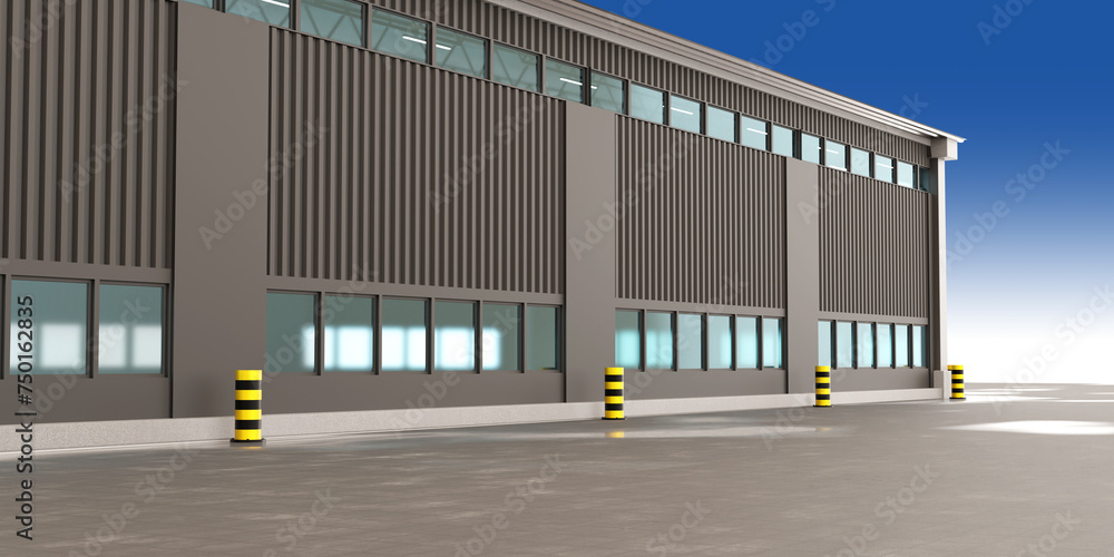Industrial building. Hangar exterior. Warehouse building with small ...