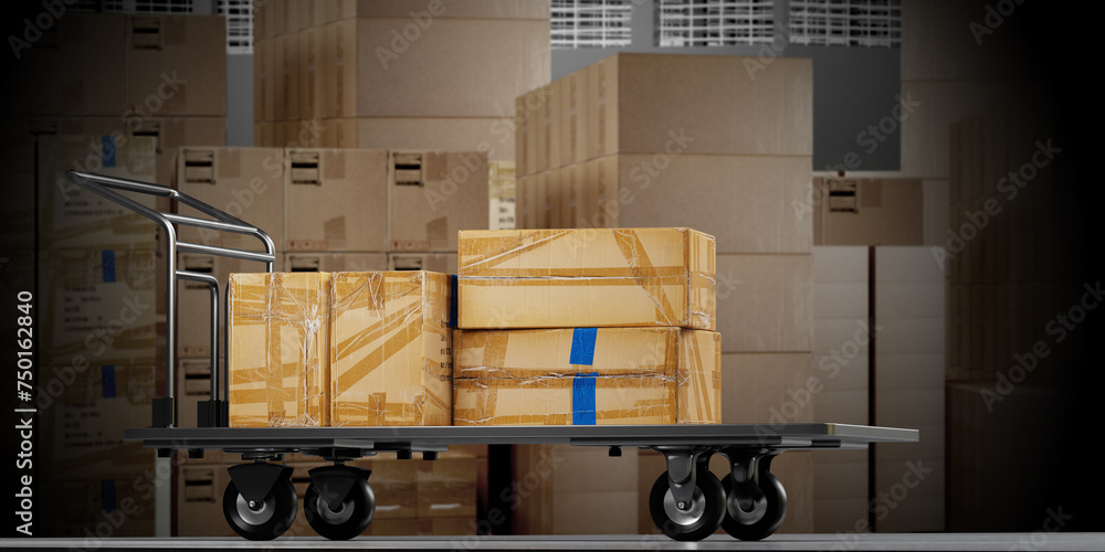 Warehouse trolley with cardboard boxes. Metal cart for transporting ...