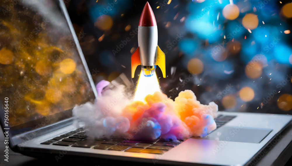 Rocket starts from computer device screen. Spaceship launch from Laptop ...