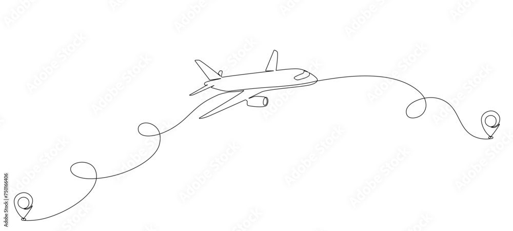 Airplane flight routes drawn with a single editable line. Continuous ...