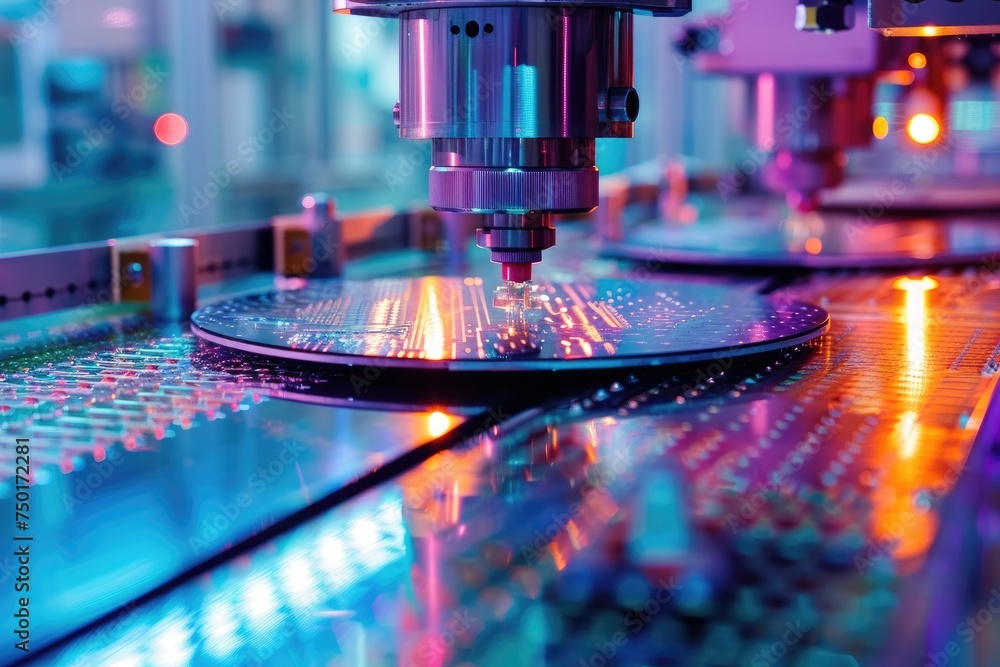 Robotic manufacturing of semiconductors and computer chips from silicon wafers. Modern ...