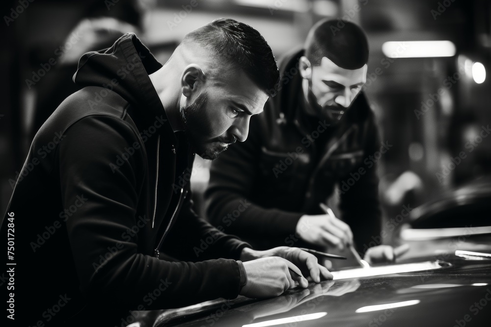 skilled mechanics restoring classic car - vintage restoration team ...