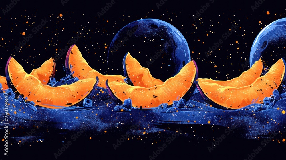 a group of oranges floating on top of a body of water in front of a ...