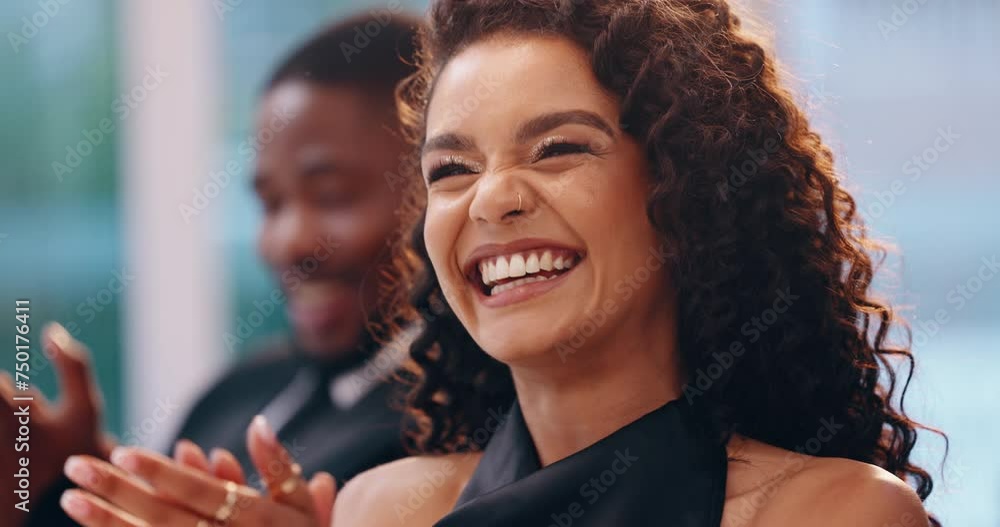 Smile, clapping hands and young woman listening to a speech at a formal ...
