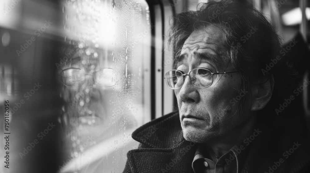Elderly man with glasses gazing out a rain-spattered window. Black and ...