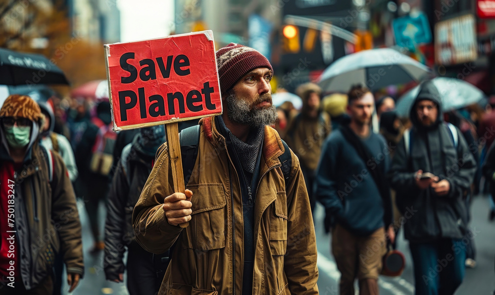 Activist holds up a Save the Planet sign during an environmental ...