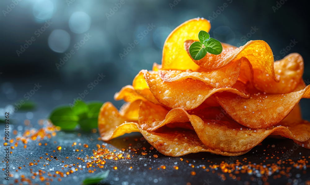 Crispy golden potato chips piled high, showcasing the texture and ...
