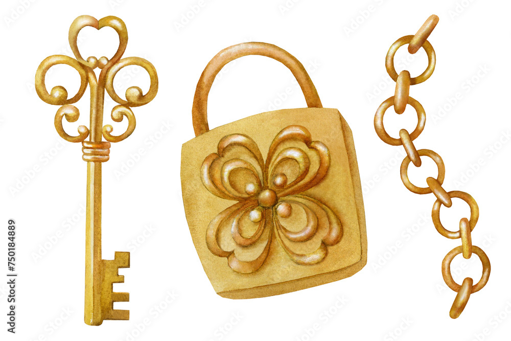 Watercolor illustration of a golden key, lock and chain. Items isolated ...