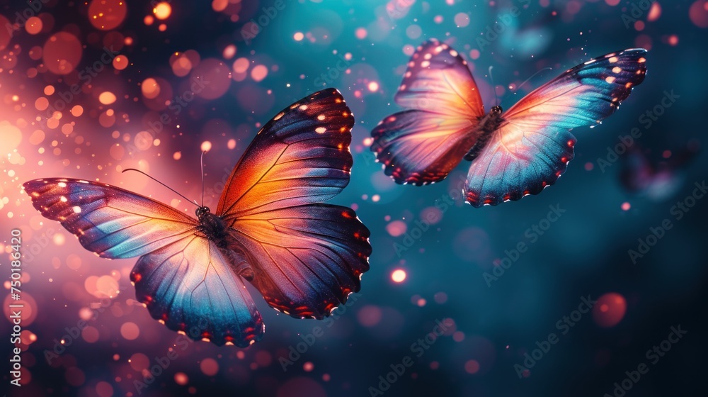 two butterflies flying in the air with blurry boke of light in the back ground and a blurry ...