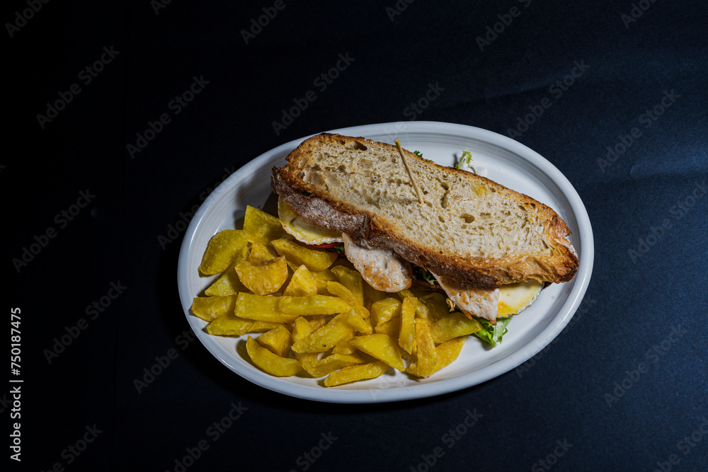 bocadillo con pan tostado de carne de pollo con patatas fritas Stock ...