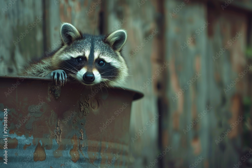 Curious Raccoon Peeking Out From An Old Rusty Container Bin Stock Photo ...