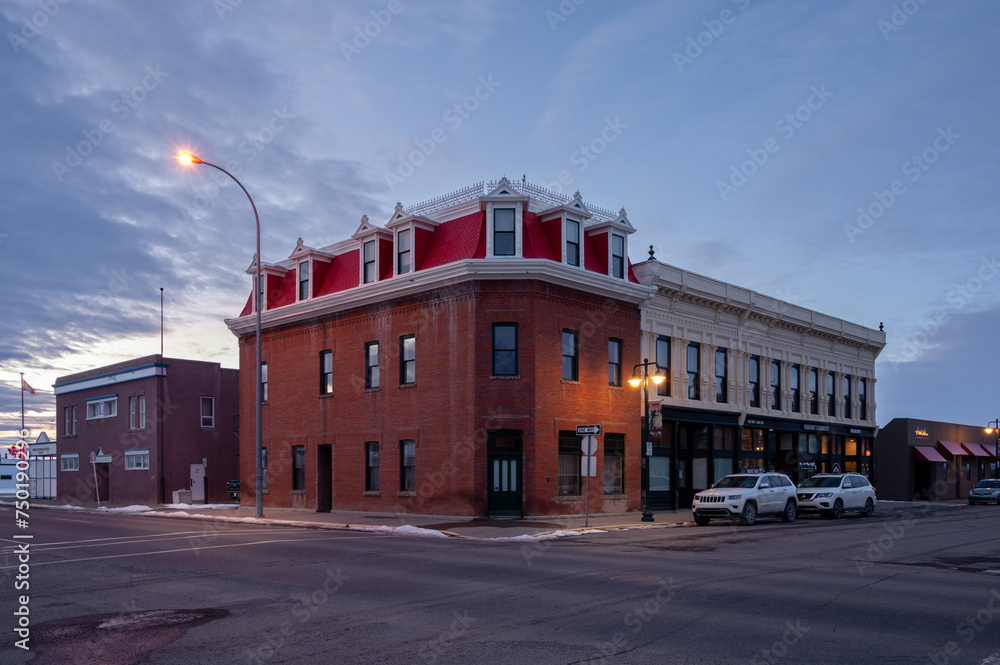 Fort MacLeod, Alberta - February 18, 2024: Buildings on the historic ...
