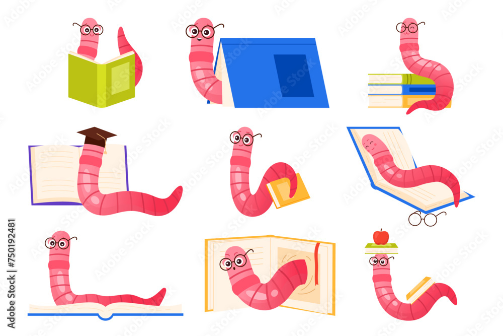 Cute bookworms set. Pink smart worms with glasses and graduation cap ...