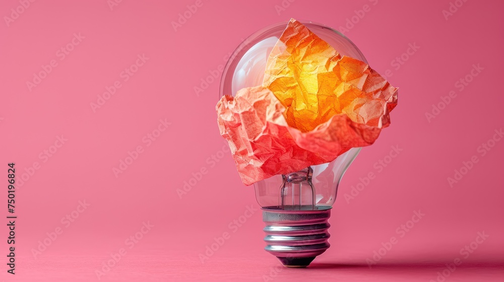 a light bulb with a piece of crumpled paper in the shape of a sunburst ...
